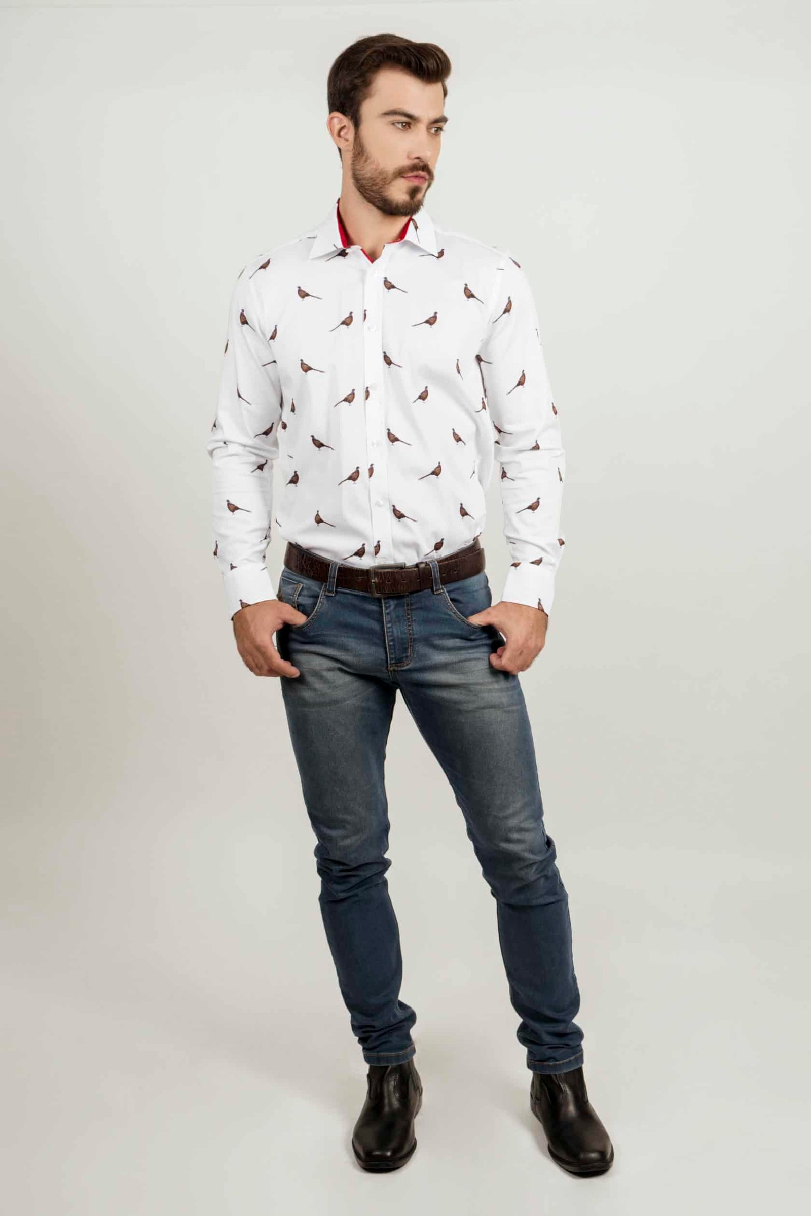 VICTOR White Embroidered Pheasants luxury men’s shirt - Hartwell