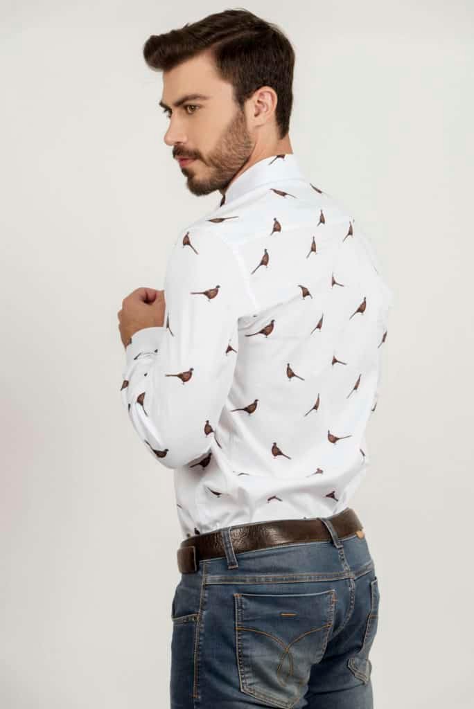 VICTOR White Embroidered Pheasants luxury men’s shirt - Hartwell