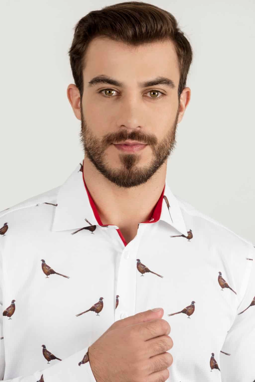 VICTOR White Embroidered Pheasants luxury men’s shirt - Hartwell