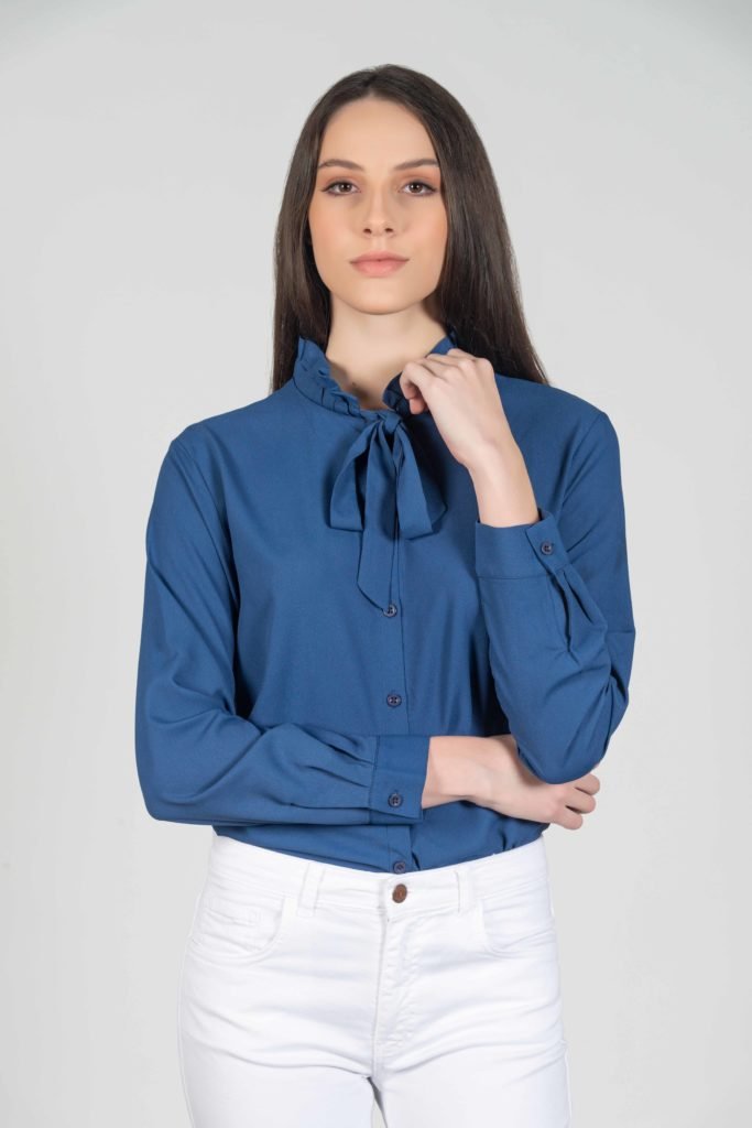 FRAN Navy frill neck tie blouse - Hartwell