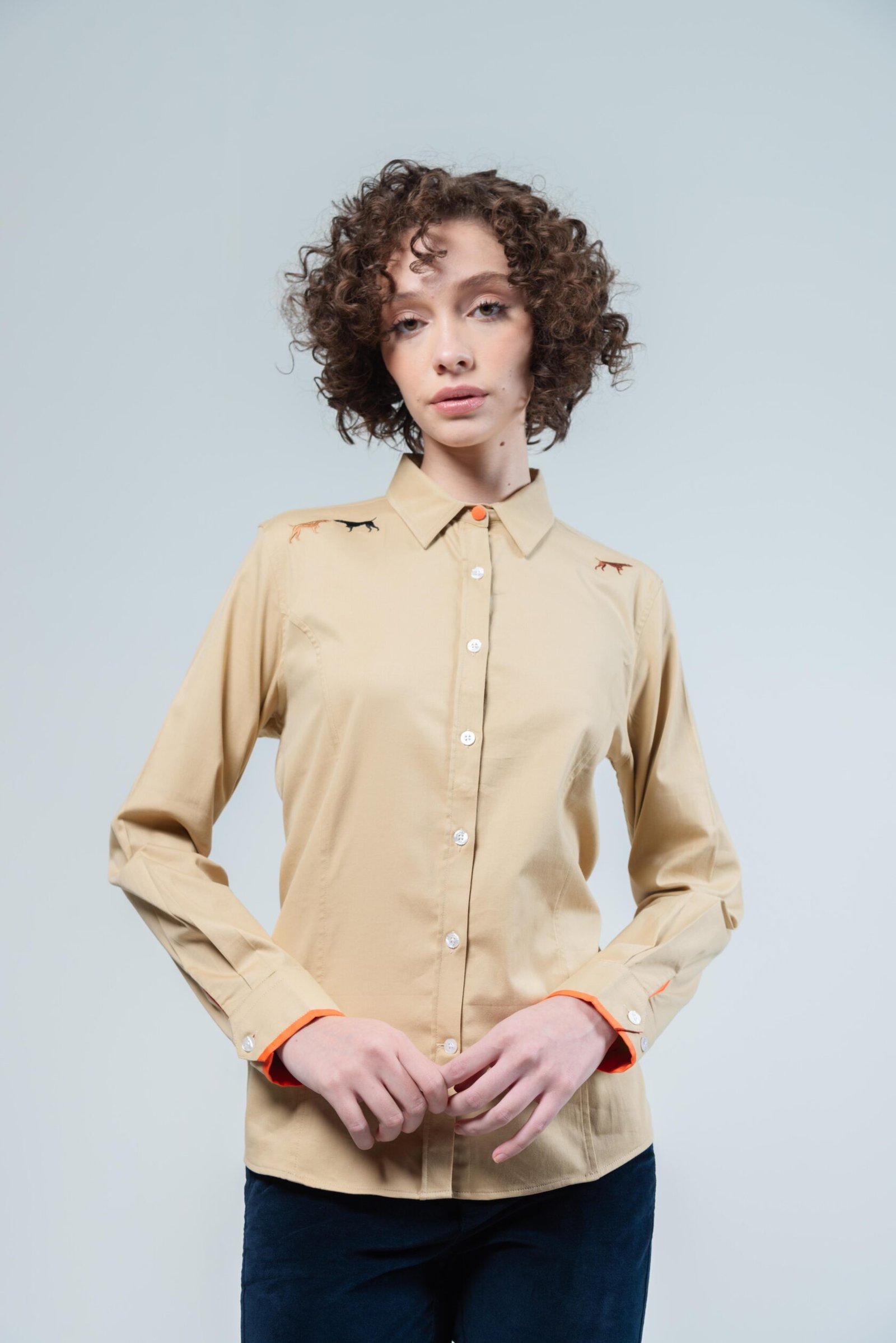 LAYLA Beige Embroidered Pointer luxury cotton satin shirt with LYCRA ...
